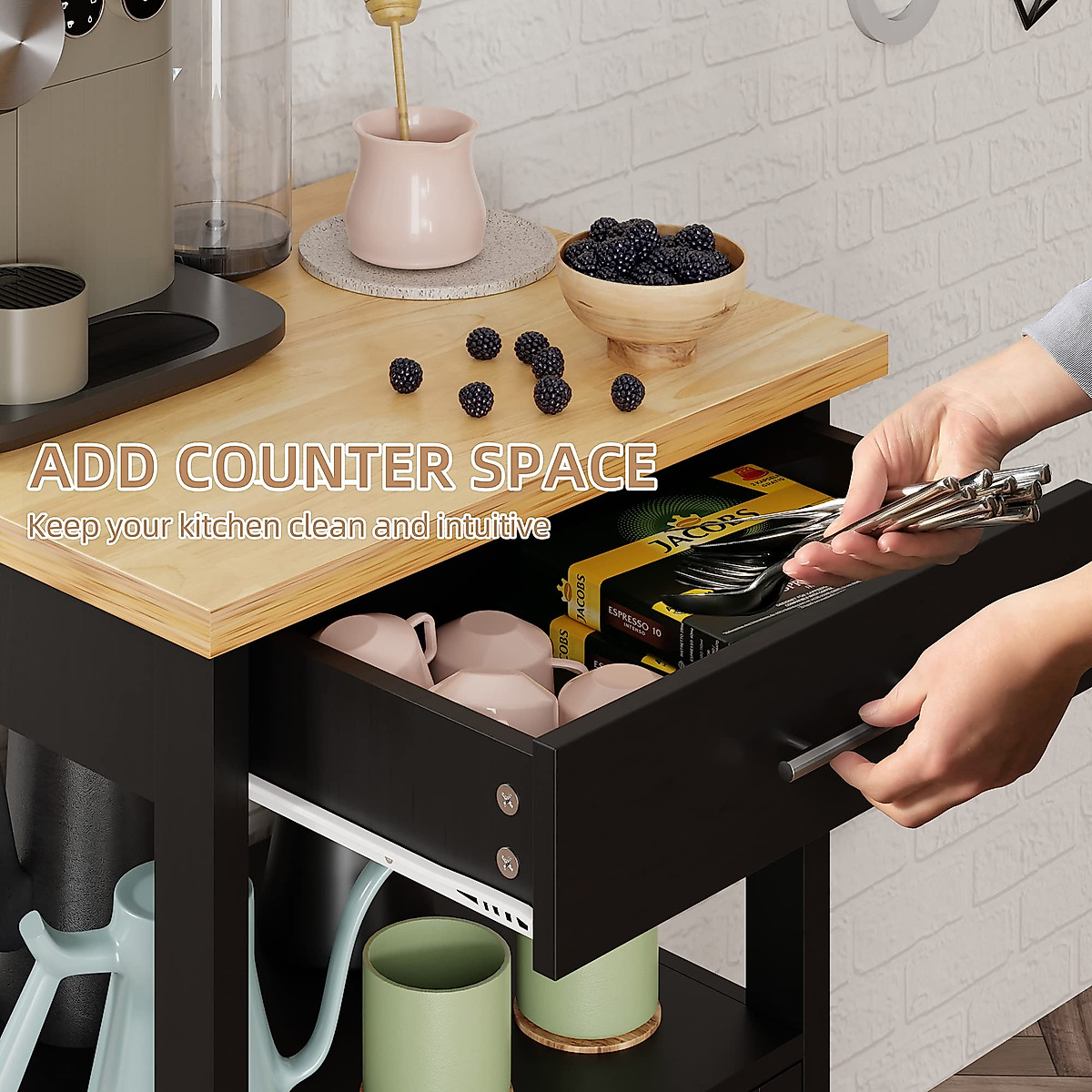 Shintenchi Kitchen Island Cart with Storage,Rolling Kitchen Island Side Table on Wheels with Worktop,Single Door Storage Cabinet and Drawer for Kitchen,Dinning Room, Black