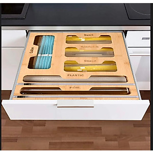 Generic Bag Storage Organizer for Kitchen Drawer, 6 in 1 Foil and Plastic Wrap Dispenser with Cutter, Bamboo Plastic Bag Food Baggie Organizer, brown, M-4hf01