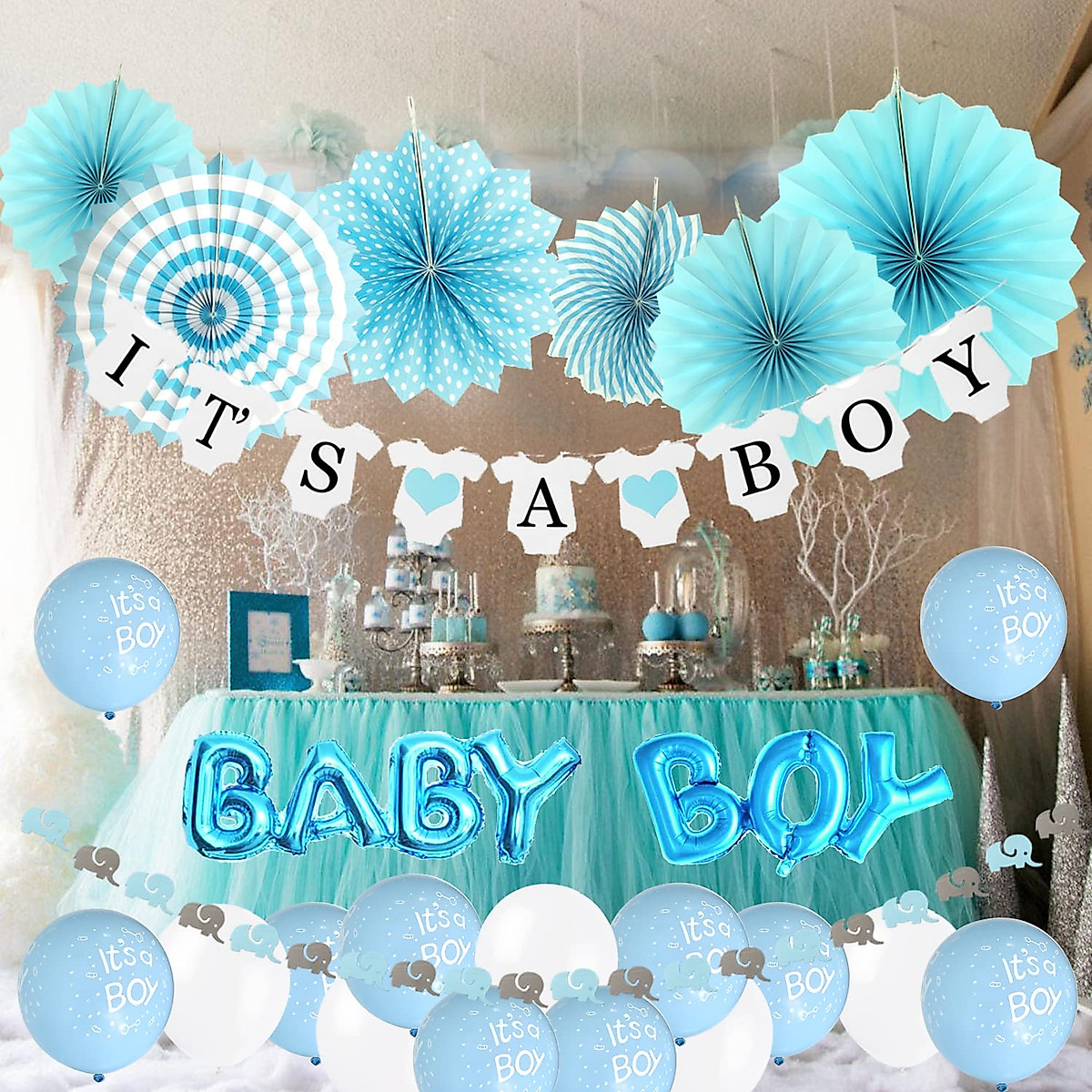 ZERODECO Baby Shower Decorations, It's a Boy Banners Baby Boy Foil Balloon Paper Fans Elephant Flags Printed Balloons Bridal Shower Party Decorations