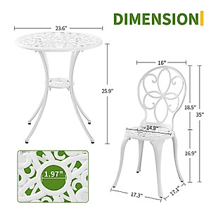 Withniture Patio Bistro Sets, Cast Aluminum Bistro Table and Chairs Set of 2 with Umbrella Hole, Bistro Set 3 Piece Outdoor, Metal Patio Furniture Set for Garden Porch, White