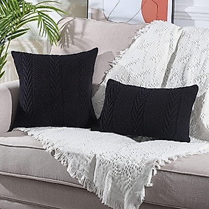 MANDIOO Cotton Knitted Decorative Lumbar Throw Pillow Covers Soft Cozy Outdoor Cushion Cases Luxury Modern Pillowcases for Couch Sofa Bed 12x20 Inches Black