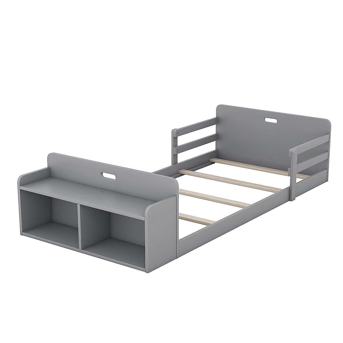 Twin Size Floor Bed with Rails and Storage Bench, Wood Kids Platform Bed Frame with Headboard and Footboard, No Box Spring Needed, Gray