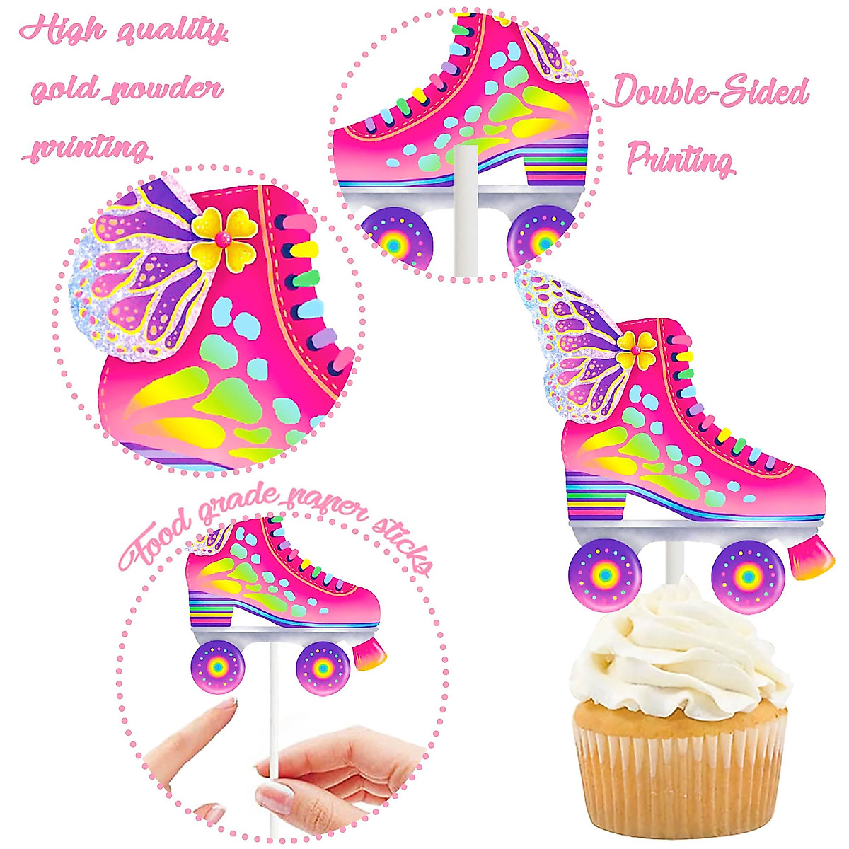 36pcs Roller Skate Cupcake Toppers Roller Skate Birthday Party Decorations 80s 90s Retro Hip Hop Roller Skating Theme Decor Supplies for Children Boy Girl Happy Birthday Party Decor Supplies