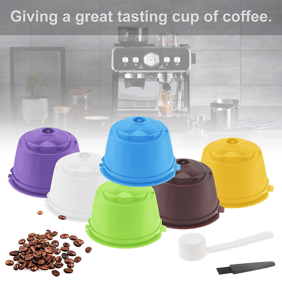 Reusable Coffee Capsule for Nescafe Dolce Gusto Brewers, 6 Pack Refillable Colorful Coffee Capsule Filter with Cleaning Brush and Measuring Spoon