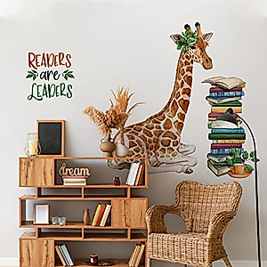 Mfault Giraffe Reading Corner Baby Boys Girls Wall Decals Stickers, Readers are Leaders Woodland Animals Read Books Nursery Playroom Decorations Bedroom Classroom Art, Kids Library Toddler Room Decor