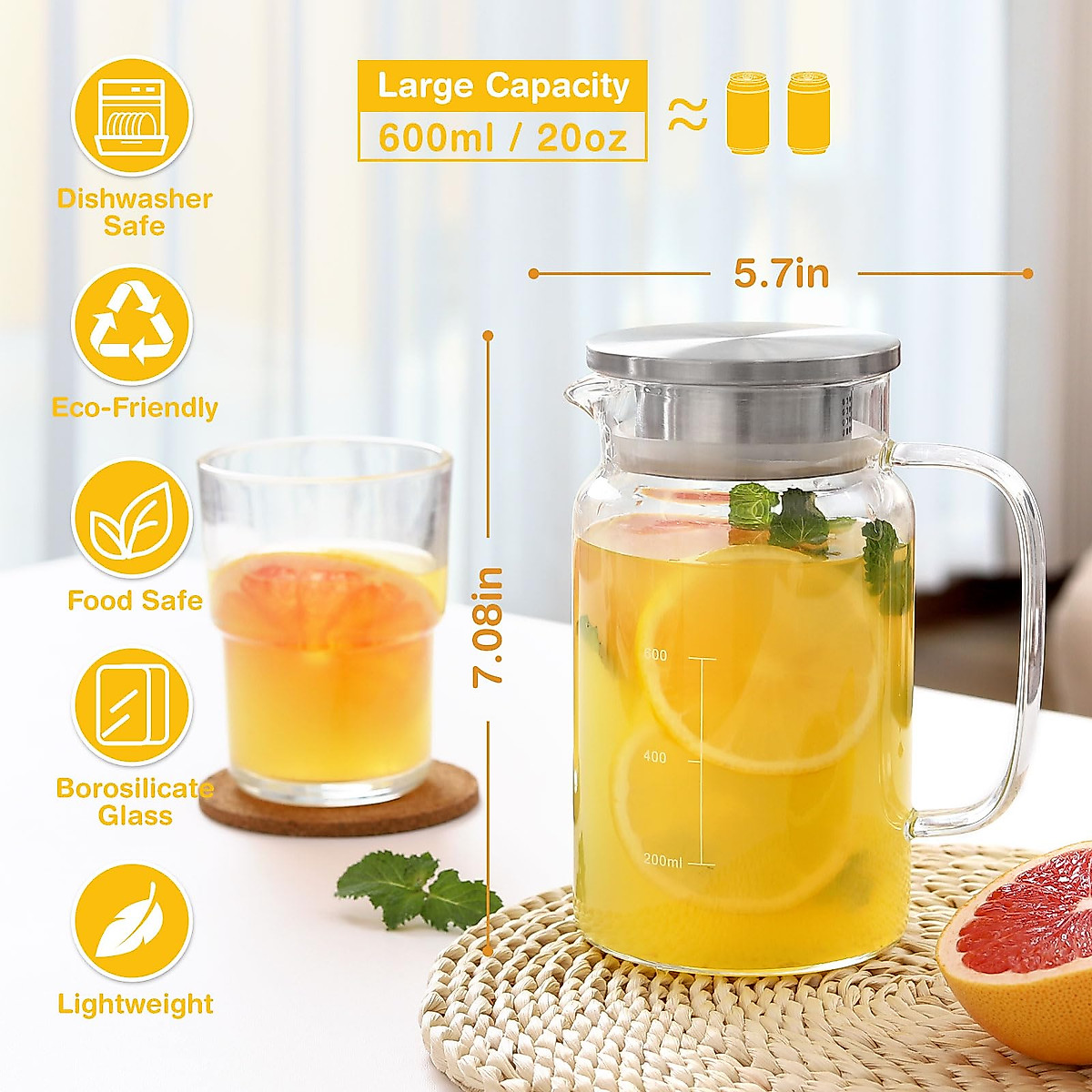 VUCCHINI Glass Pitcher With Lid 27 Ounces /800 ml- Juice Milk Cold Carafe and Iced Tea Pitcher Jug for Juice, Coffee, Tea, Milk, Homemade Beverage