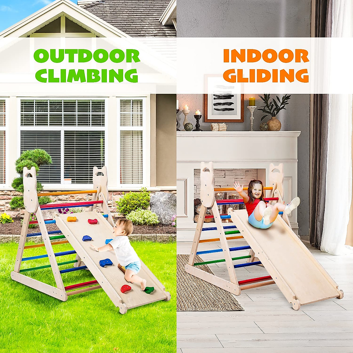 Ascism 5 in 1 Pikler Triangle Set - Montessori Climbing Set, Baby Climbing Toys Indoor Playground, Large Size Adjustable Climbing Slope Wooden Toddler Climbing Set Suitable for Children Aged 0-8