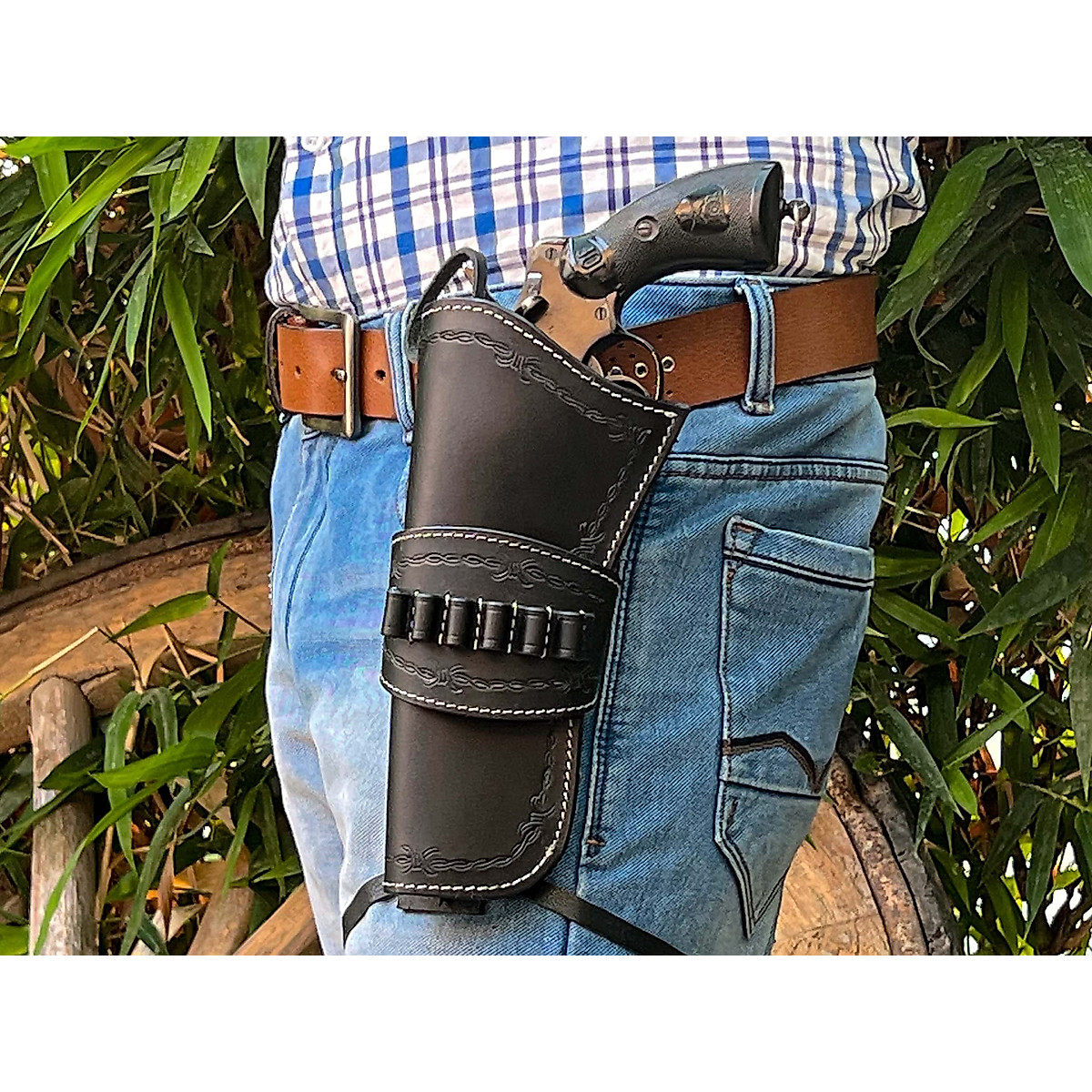 Hulara Leather Cowboy Holster with Ammo Loops .45 Auto, 45 ACP and .44 Cal. Western Holster fit 4" to 8" Western Gun Belts Holster 45 Revolver