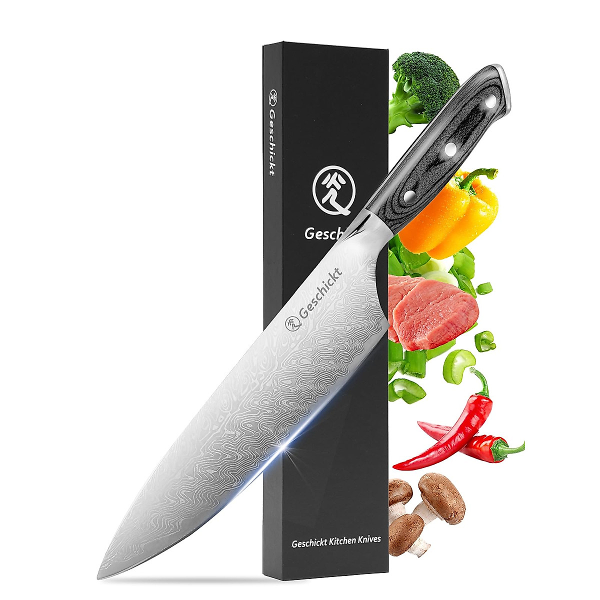 Geschickt Chef knife, Kitchen Knife 8'' with Improved Thicker Handle for Comfort & Balance, Razor Sharp Forged Full Tang Knife, High Carbon Stainless Steel, Ergonomic Design, Grey