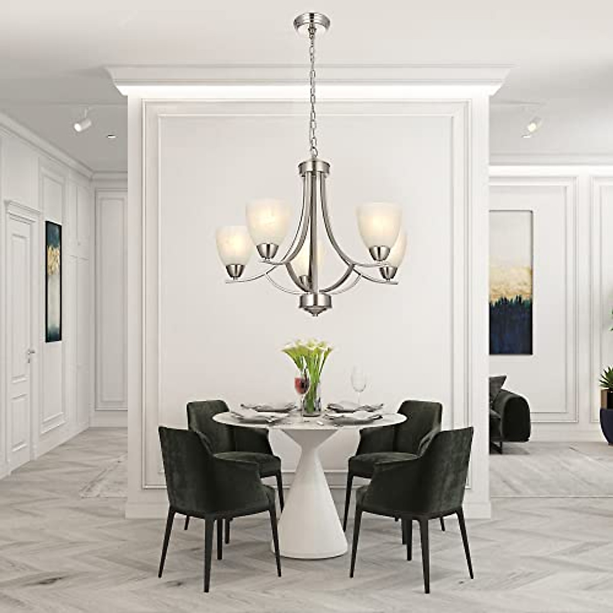 BONLICHT 5 Light Transitional Chandeliers Brushed Nickel Contemporary Dining Room Light Fixtures Ceiling Hanging Modern Pendant Lighting with Alabaster Glass Shade for Living Room Bedroom Foyer Hotel