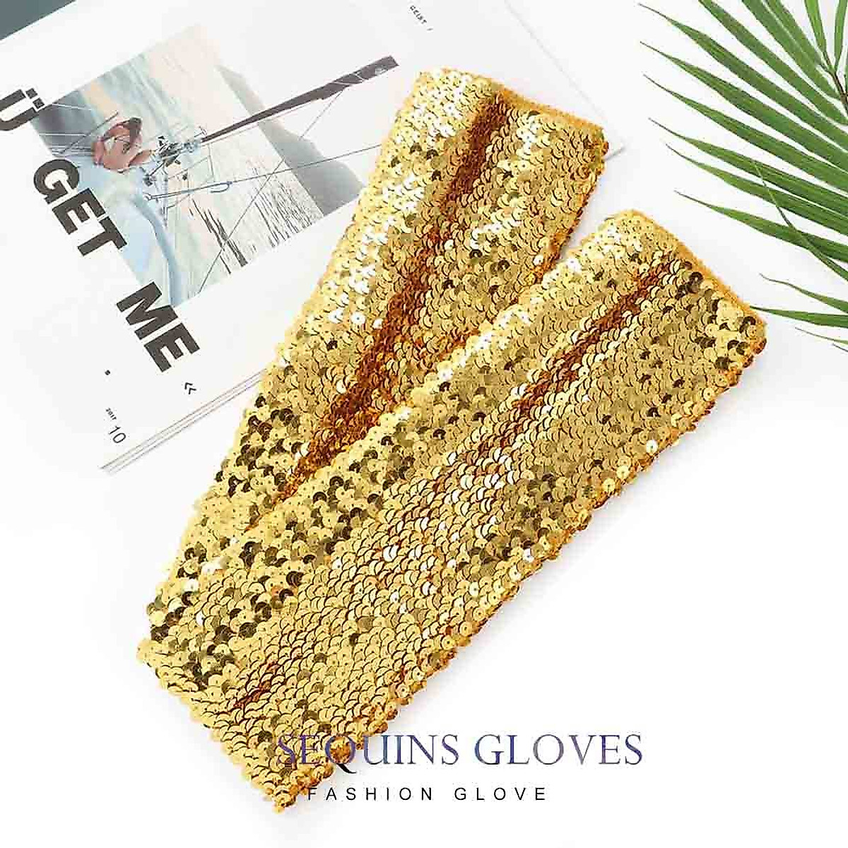 Yikisdy Sequins Fingerless Glove sparkly Gold Gloves Rave Mermaid Glove for Women (Gold)