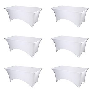 6 Pack White Fitted Spandex Table Covers - 6Ft Stretch Tablecloths for 6 Foot Rectangle Folding Tables Rectangular Bulk Linen Fabric Elastic Table Clothes for Wedding Banquet Party Buffet Display