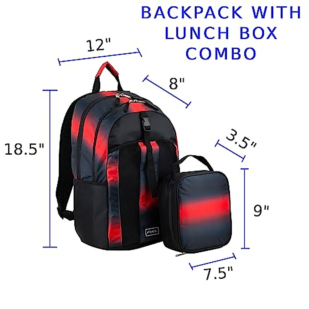 FUEL Backpack with Lunch Box Combo – 18” Two Compartment Water Resistant Durable Adjustable Straps with Side Water Bottle Pockets 2 in 1 Set - Red and Black