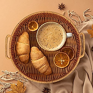 3 Pcs Rattan Serving Tray with Handles, Woven Wicker Tray Round Shallow Rattan Basket, Poly Wicker Basket Tray, Decorative Rattan Fruit Tray Cracker Boho Tray Decor for Serving Bread, Vegetable, Snack