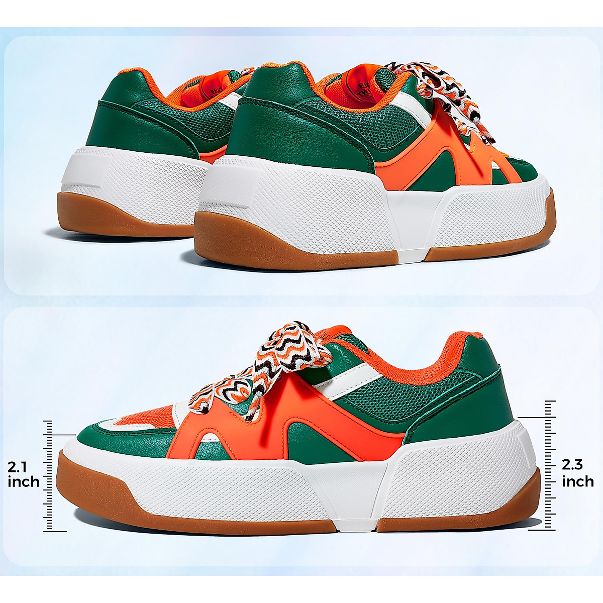 LUCKY STEP Women’s Platform Fashion Sneakers Lace up Casual Faux Leather Comfortable Thick Sole Tennis Walking Shoes (Green/Orange, 7 B(M) US)