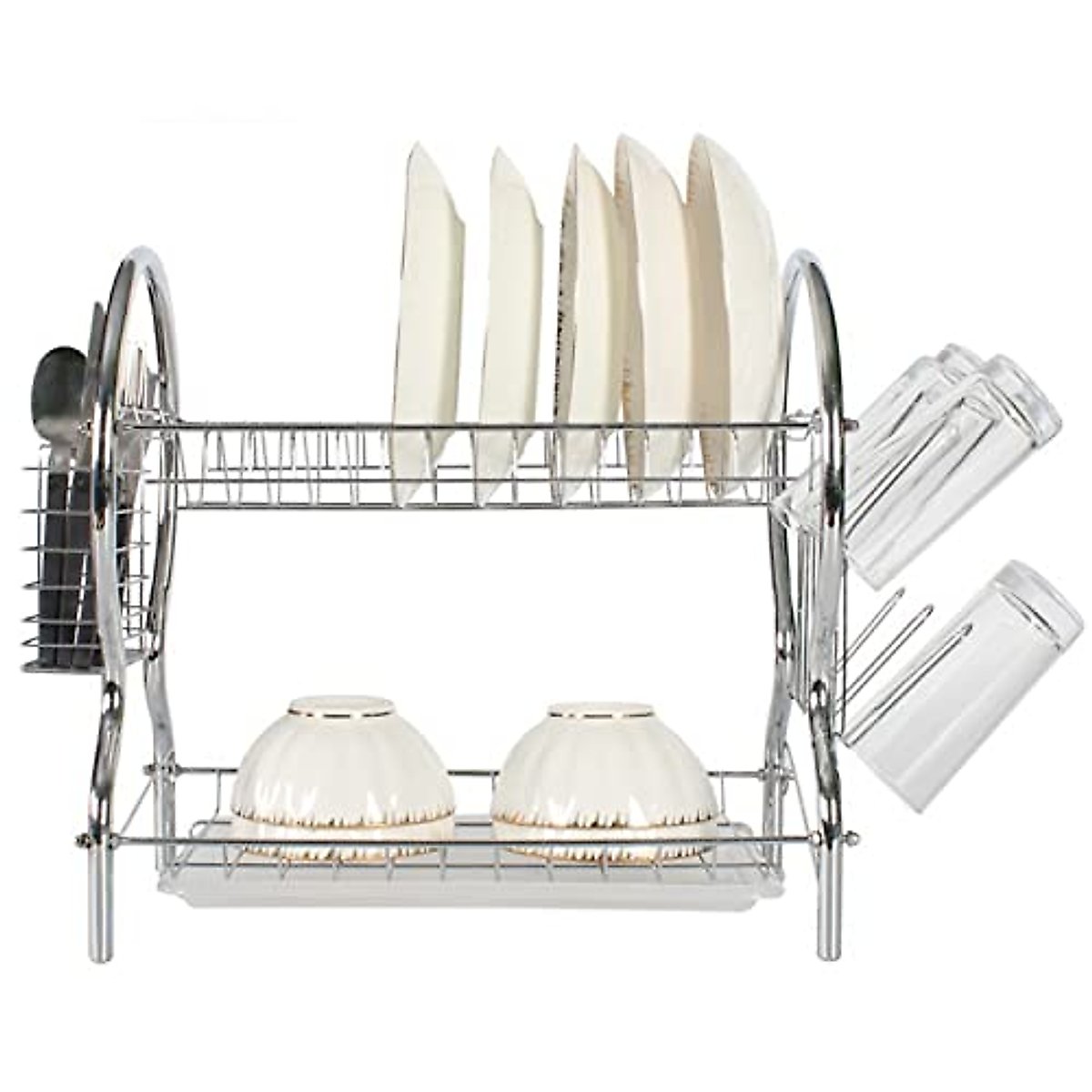 2 Layer 38cm Dish Drainerd Dual Layer Dish Drying Rack Kitchen Collection Shelf Drainer Organizer Over The Sink Mesh Colander Crate and Barrel (Silver, One Size)