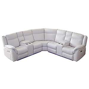 Eafurn 106.3" Manual Reclining Sectional Set w/ 2 Center Consoles,Faux Leather Upholstered Motion 4 Cup Holders and LED Light Strips,Symmetrical Corner Sofa & Couches, Home Theater Lounge Seat, White