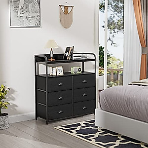 Furologee 6 Drawer Dresser Fabric, Double Shelf Black Closet Organizer Storage Tower Unit for Bedroom, Living Room Entryway, Rustic Bins, Sturdy Metal Frame