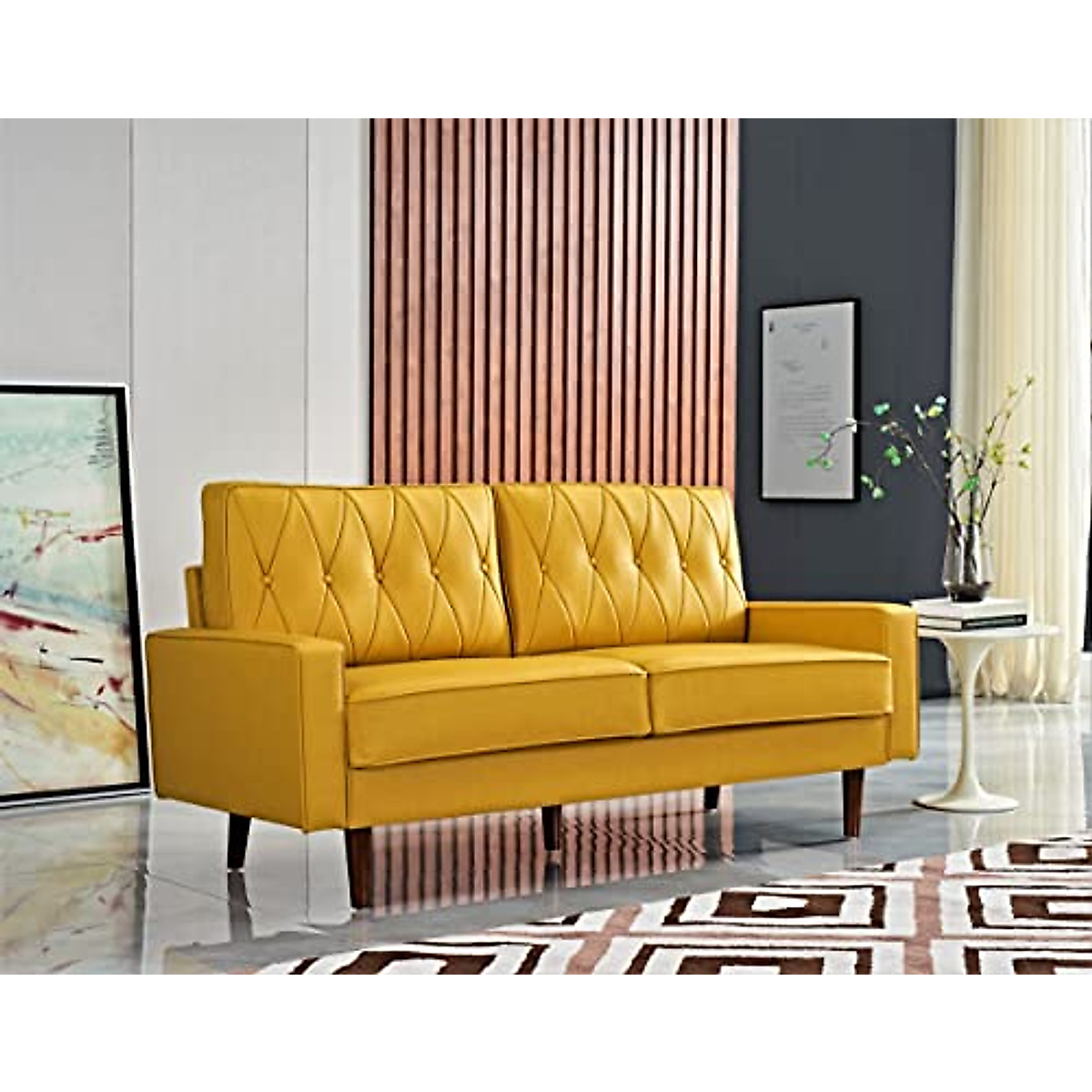 Container Furniture Direct Modern Style Faux Leather Sofa with Elegant Round Tapered Legs and Button Tufted Backrest Perfect for Living Room, Bedroom or Home Office, 69.3’’ Wide, Musterd Yellow