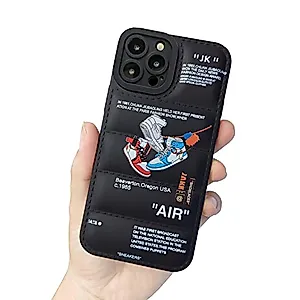 Ins Off Sports Shoes Brand Puffer Phone Case Compatible with iPhone 13 Pro 6.1 inch, Sneakers Ins White Label Pattern Graphics Soft Silicone Full Body Shockproof Protective Phone Case, Black
