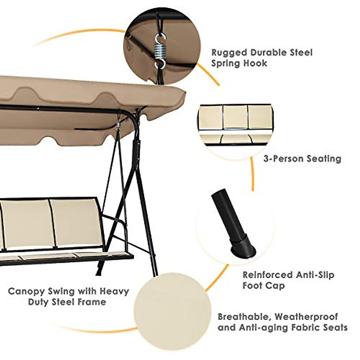 TANGKULA 3 Person Patio Swing, Steel Frame with Polyester Angle Adjustable Canopy, All Weather Resistant Swing Bench, Suitable for Patio, Garden, Poolside, Balcony (Brown)