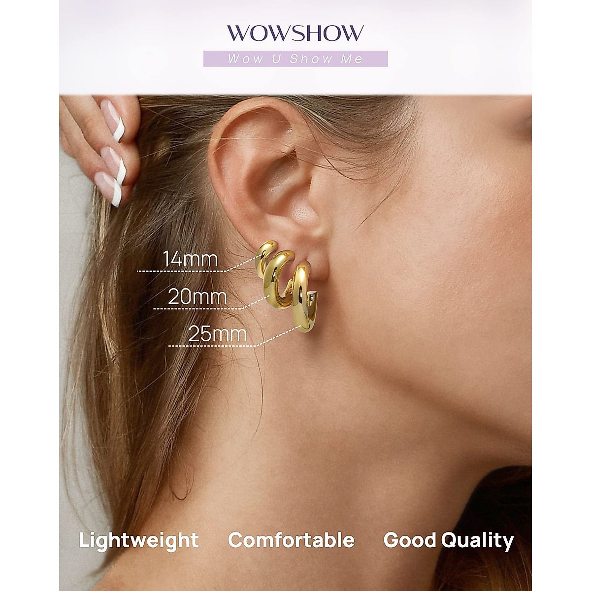 wowshow Chunky Gold Hoop Earrings, Small Gold Hoop Earrings for Women 14K Real Gold Plated 20mm Thick Open Hoops Lightweight