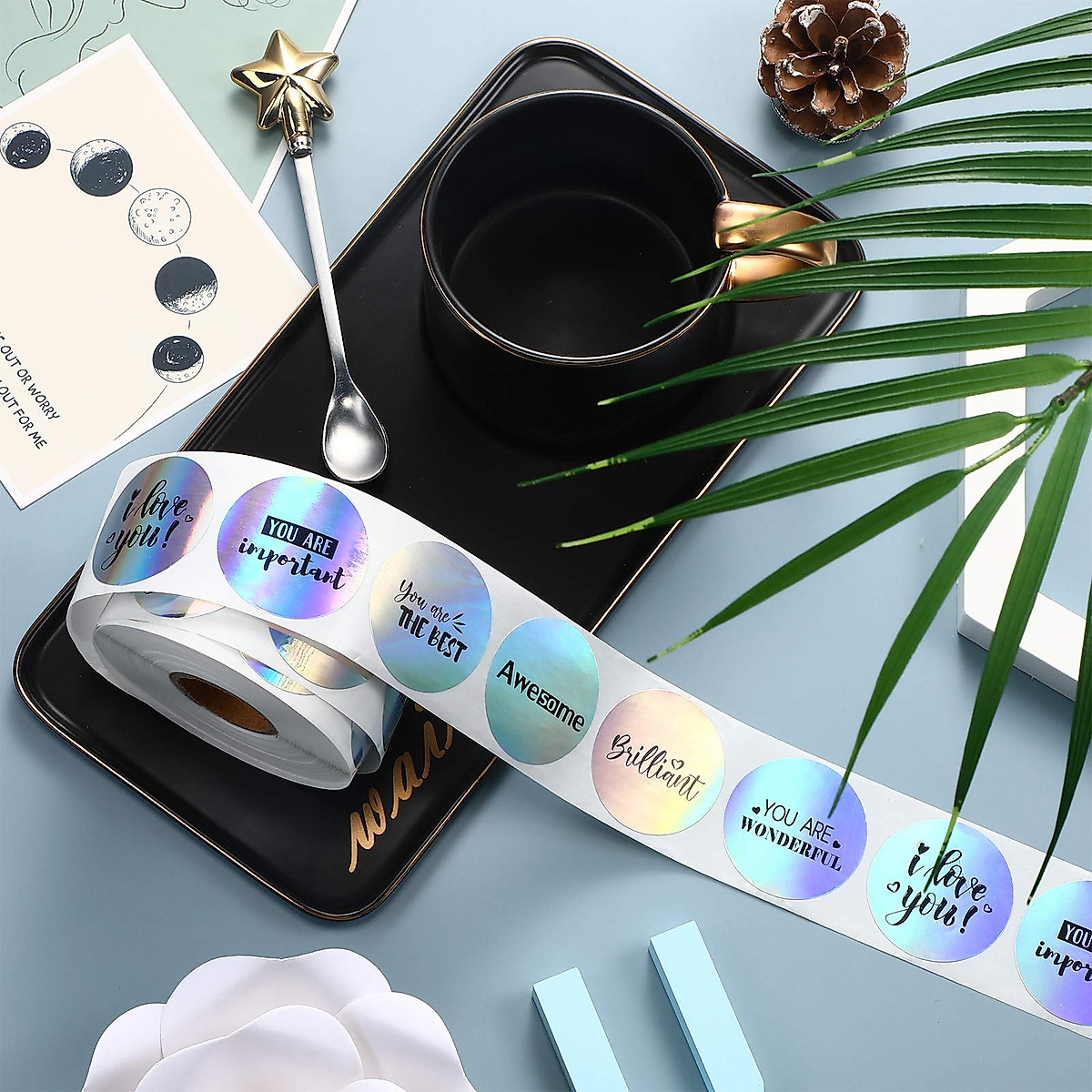 600 Pieces Round Inspirational Stickers Motivational Encouragement Stickers Labels Black Ink Holographic Rainbow Sticker Inspiring Planner Stickers for Greeting Cards Envelopes Sealing Decor, 1.5 Inch