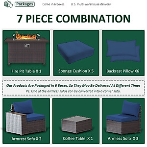 RTDTD Outdoor Patio Furniture Set with Propane Fire Pit Table, 7 Pcs Outdoor Furniture Patio Sectional Sofas Conversation Sets w/ETL Approved 43" Gas Outdoor Fire Table & Coffee Table (Dark Blue)