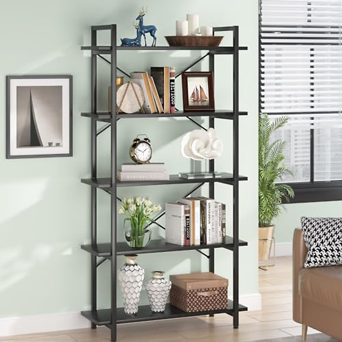 Tribesigns 5 Tier Black Bookshelf, Modern Etagere Bookcase with Metal Frame, Tall Book Shelf Unit for Living Room, Study, Home Office (2, Black)