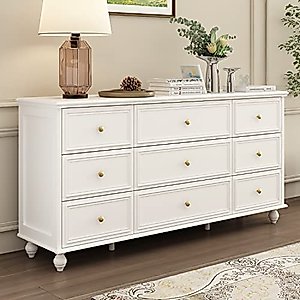 Homsee 9 Drawers Double Dresser with Stylish Legs, Modern Wood Dresser Chest of Drawers with Large Storage Space for Bedroom, White (63”L x 15.7”W x 31.5”H)