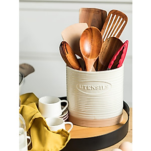 YHOSSEUN Utensil Holder for Kitchen Counter, Oval Utensil Crock Rustic Utensil Organizer for Countertop, 6.7" Ceramic Kitchen Tool Holder Two-tone Finish, Housewarming Cooking Gifts