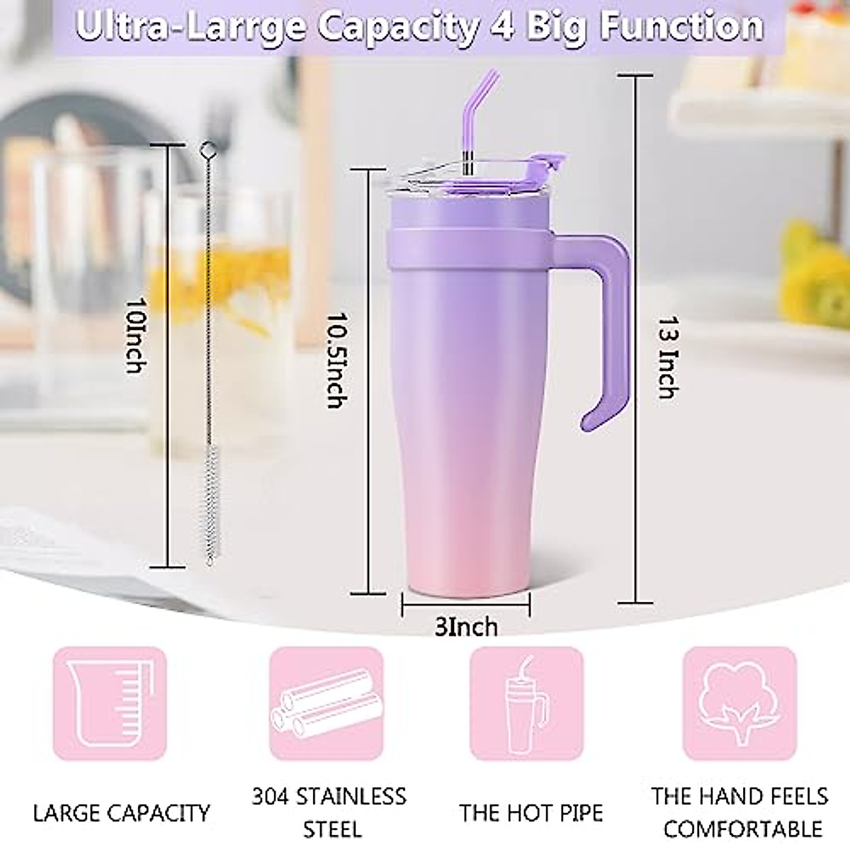 NICEMHAPU 40 oz Tumbler with Handle and Straw, Insulated Cup Stainless Steel with Handle, Water Bottle Travel Coffee Mug Fit In Car Cup Holder, Keep Cold for 34Hrs or Hot for 10Hrs