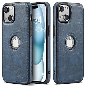 Casus Designed for iPhone 15 Case Vegan Leather Slim Logo View Classic Luxury Elegant Thin Protective Cover (2023) 6.1" (Blue)