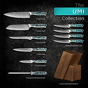 SENKEN 11-Piece Damascus Knife Block Set with Abalone Shell Handle - "Umi" Collection Japanese Chef Knife Set - 67-Layer Japanese VG10 Steel, Chef Knife, Paring Knife, 4 Matching Steak Knives & More