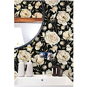 HAOKHOME Peel and Stick Wallpaper Floral Vintage Roses Peonies Contact Paper Removable Black/Beige/Olive Self Adhesive Mural 17.7in x 9.8ft