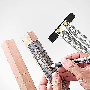 SYWAN 300mm Precision T Square Ruler with Mechanical Pencil, Stainless Steel Marking Stainless Scribing Line Ruler Carpenter Protractor Measuring Tool T-Type Woodworking Right Angle Ruler