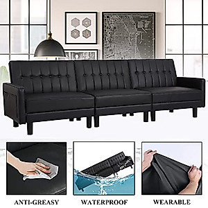 VUYUYU 107/'' Futon Sofa Couch Bed, Faux Leather 3-Seater Couches for Living Room, Mid-Century Modern Tufted Convertible Recliner Sleeper Small Space with Armrest/Side Pockets, Black-3 Seater