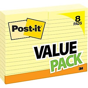 Post it® Notes, 4" x 6", Lined, Canary Yellow, Pack Of 8 Pads