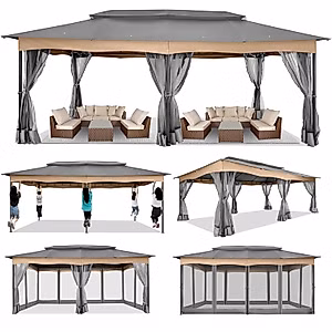 COBIZI Gazebo 10x20 Heavy Duty Patio Gazebo with Mosquito Netting Deck Gazebo with Metal Steel Frame Large Screen Gazebo Tent Waterproof with Double Roof for Backyard, Deck, Garden