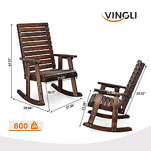 VINGLI Outdoor Wooden Rocking Chair with High Backrest, Solid Fir Wood Outdoor Rocking Chair, Heavy Duty 600 LBS Patio Rockers for Indoor and Outdoor, Garden, Yard, Patio, Rustic