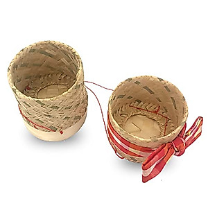 GoldleafKing Pack of 2 Small Sticky Rice Basket Size 3.5 Inches Thailand Laos Handmade Bamboo Serving Baskets Rice Container Set with Pa Kao Ma Traditional Loincloth