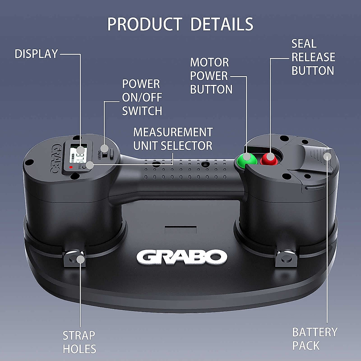 Grabo Pro Electric Vacuum Suction Cup Lifter 375# Max Load Tile Heavy Lifting Tool with Automatic Turn On/Off Pump Function Digital Display Li-ion Battery Portable / FREE GLOVES