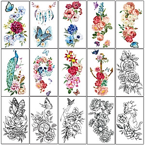 Yazhiji 15 sheets large Sexy waterproof Temporary Tattoos for Men Women Flowers Collection (19X9 CM)