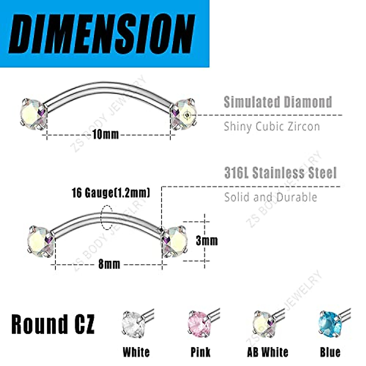 ZS 8PCS 16G Stainless Steel Cubic Zirconia Curved Barbell Eyebrow Ring Daith Earring Rook Piercing (Round, Barbell length:5/16"(8mm))