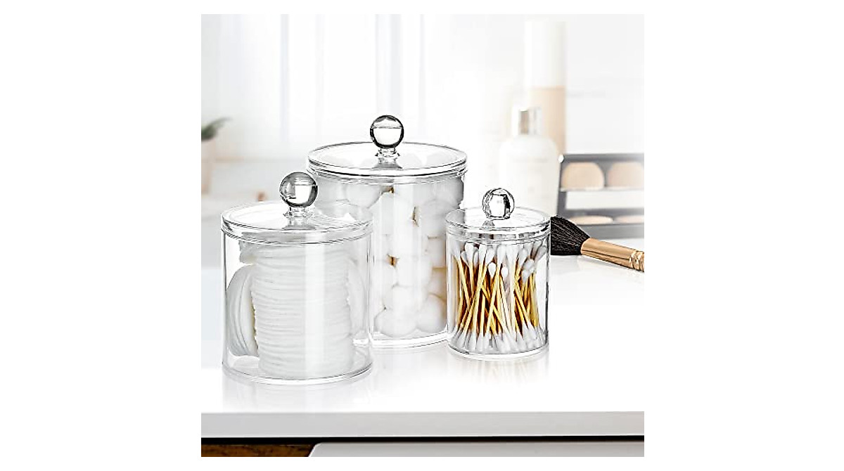 MYITYARD Plastic Apothecary Jars with lid Set, 3 Pack Clear Qtip Holder ...