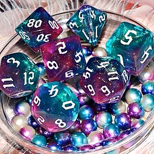 Galaxy Dice Set| Dark Green Mix Purple Crystal DND Dice Set for Board Game