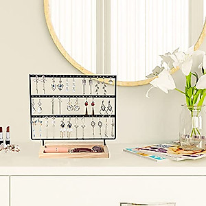 sovia Earring Organizer 3-Tier 75 Holes Jewelry Organizer Display Stand,Metal Earring Holder with Wood Basic stand,Necklace holder Storage Tray for Ring,Earrings,Ear Stud,Bracelets(Black)