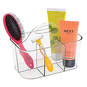 mDesign Small Plastic Shower/Bath Storage Organizer Caddy Tote with Handle for Dorm, Shelf, Cabinet - Hold Soap, Shampoo, Conditioner, Combs, Brushes, Lumiere Collection, Clear