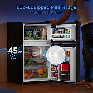 Midea WHD-113FB1 Double Door Mini Fridge with Freezer for Bedroom Office or Dorm with Adjustable Remove Glass Shelves Compact Refrigerator, 3.1 cu ft, Black