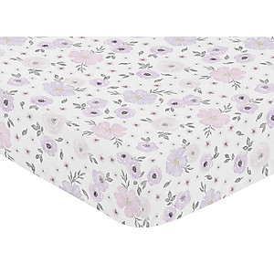 Sweet Jojo Designs Floral Girl Jersey Stretch Knit Baby Fitted Crib Sheet for Soft Toddler Bed Nursery - Lavender Purple, Pink and Grey Boho Shabby Chic Rose Watercolor Flower